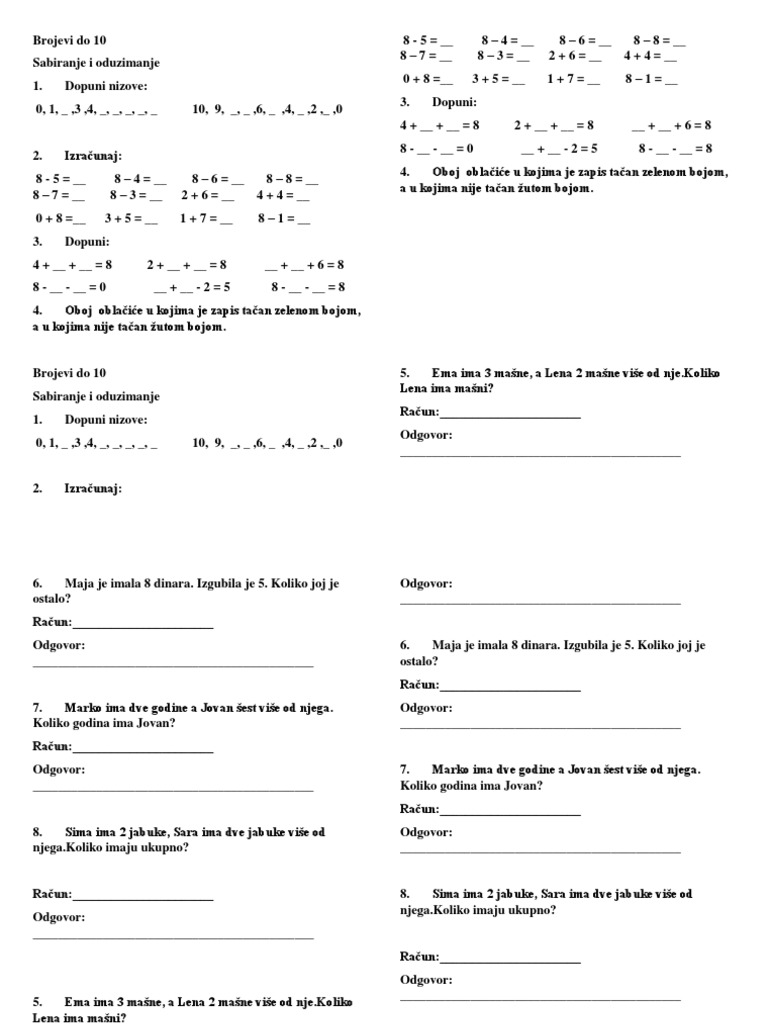 Brojevi Do 10 Sabiranje I Oduzimanje | PDF