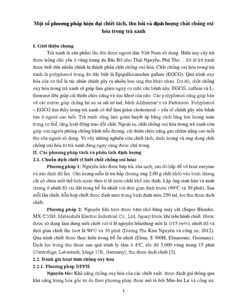 Mot So Phuong Phap Hien Dai Chiet Tach Thu Hoi Va Dinh Luong Chat Chong Oxi Hoa Trong Tra Xanh | PDF