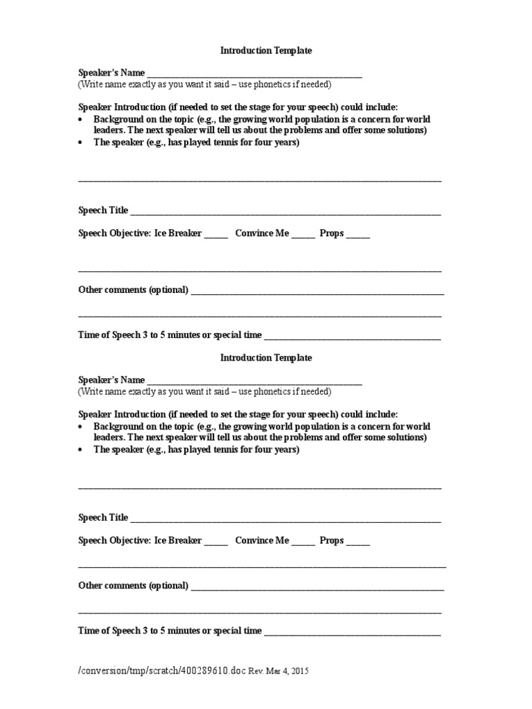 Speech Intro Form Pdf
