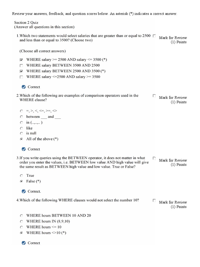 Database Programming With SQL - Teacher - English - Quiz - Section 2 ...