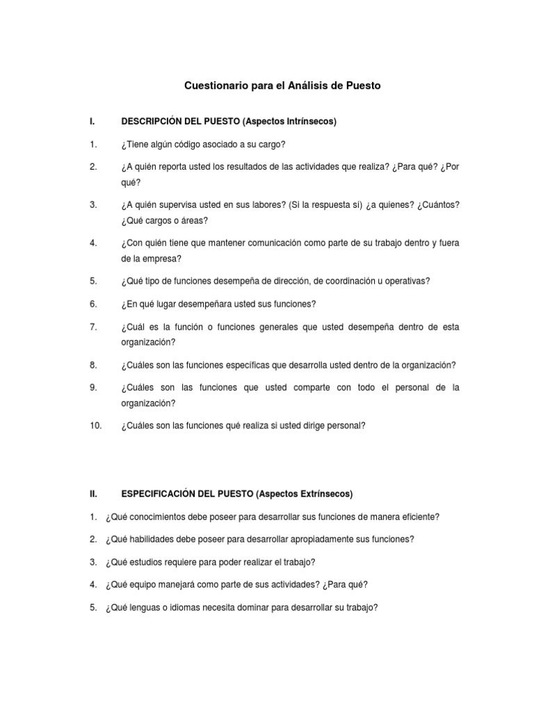 Cuestionario para Analisis de Puestos | PDF