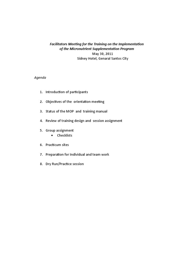 Facilitators Meeting Agenda For The Training On The Implementation | PDF