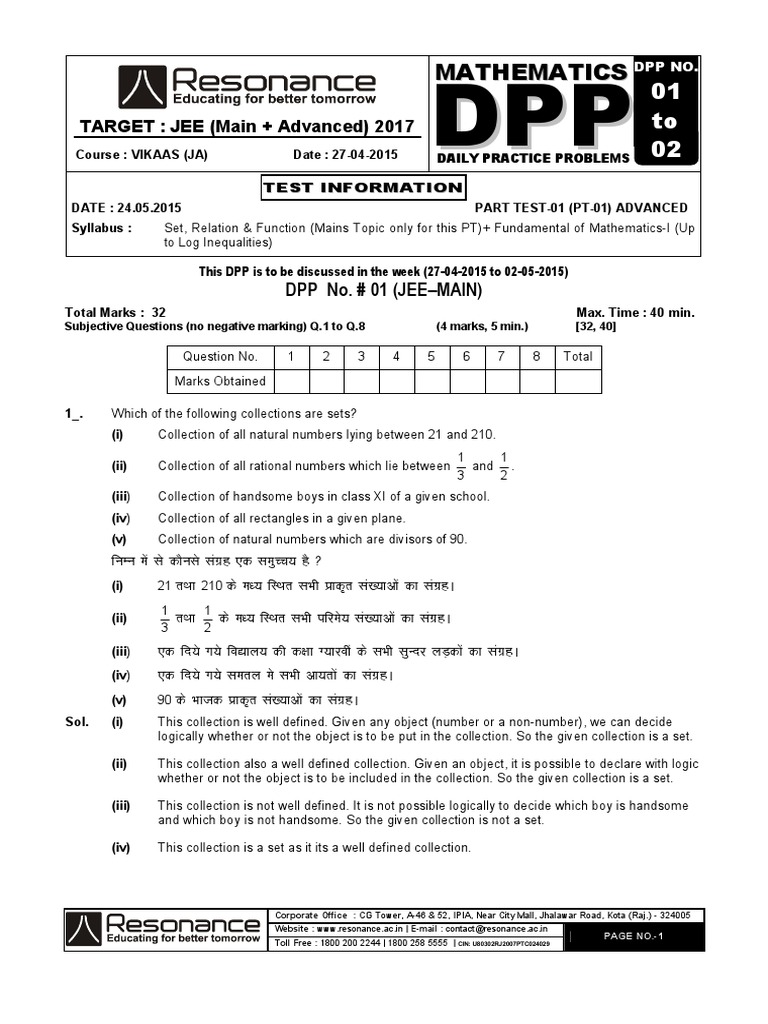 XI Maths DPP (01) - Sets - Relations - Functions + Basic Maths | PDF | Teaching Mathematics