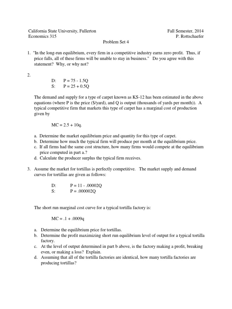 ECON 315 - Problem Set 4 Questions | PDF | Economic Equilibrium | Price Elasticity Of Demand