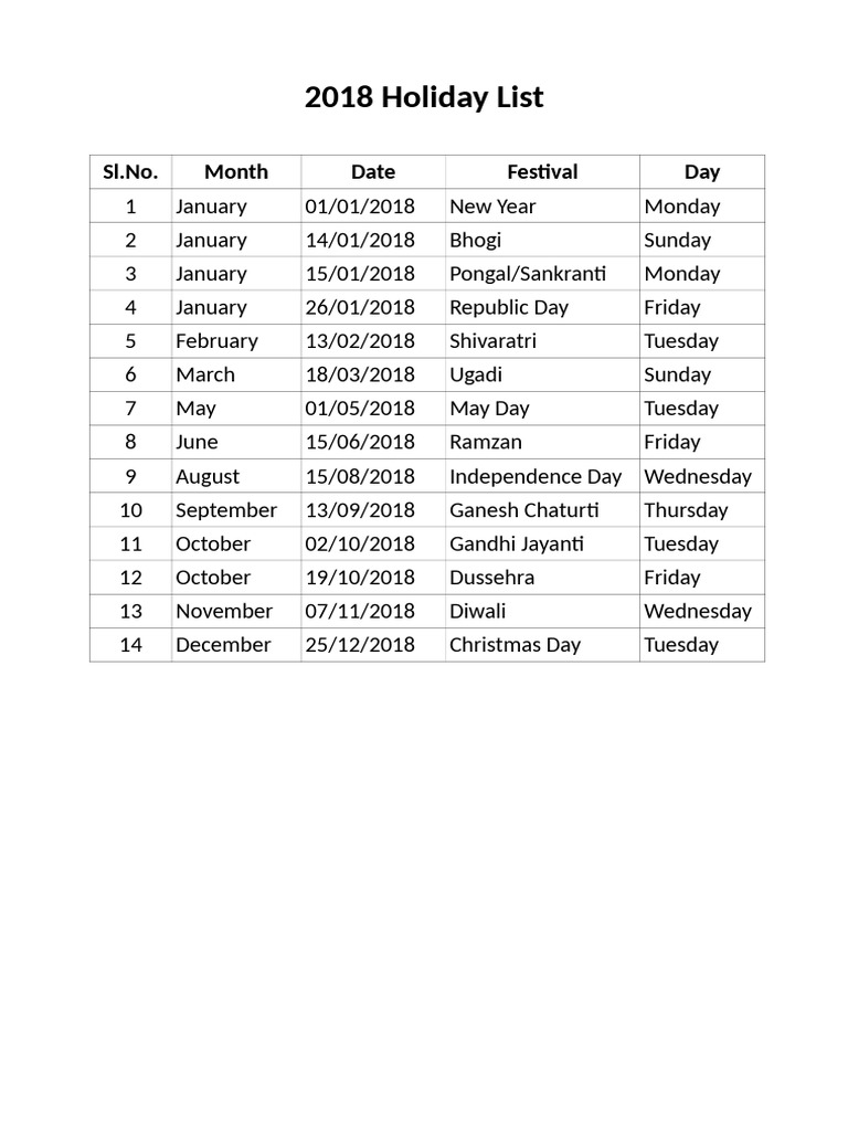 2018 Festival and Holiday Calendar | PDF