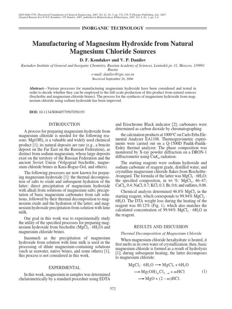 Manufacturing of Magnesium Hydroxide From Natural Magnesium Chloride ...