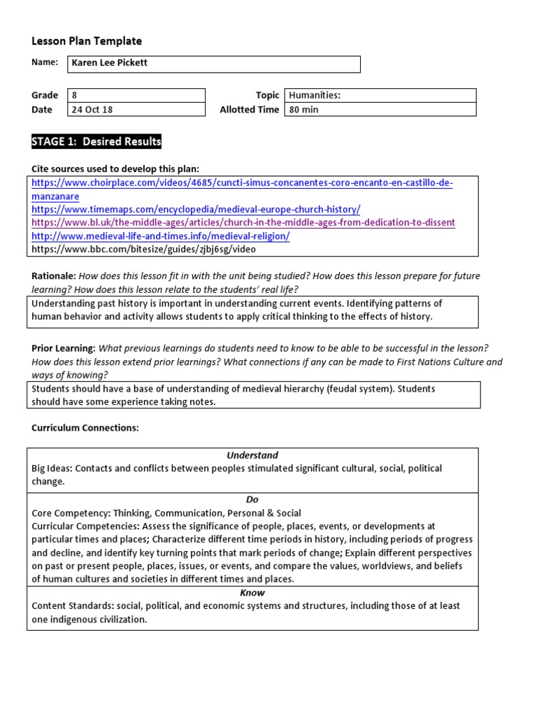 Grade 8 Medieval Church Lesson | PDF | Curriculum | Pedagogy