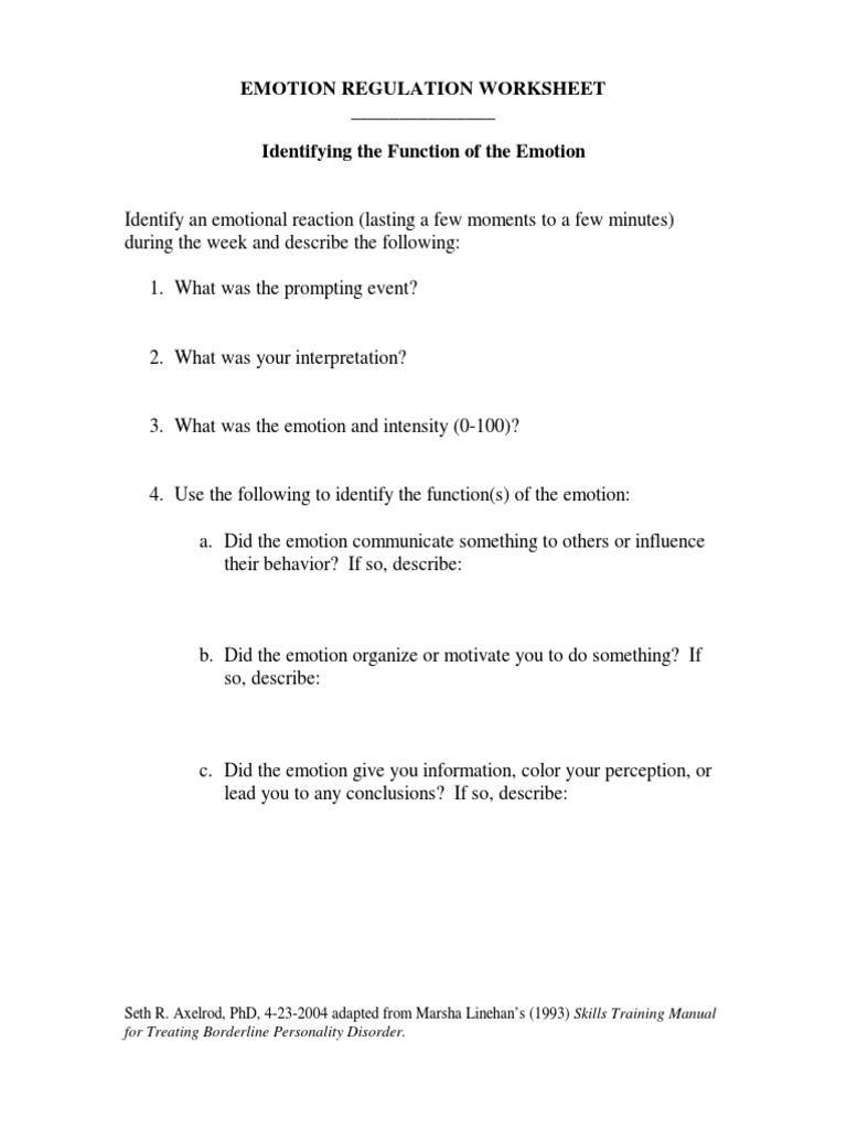 Function of Emotion Worksheet PDF | PDF