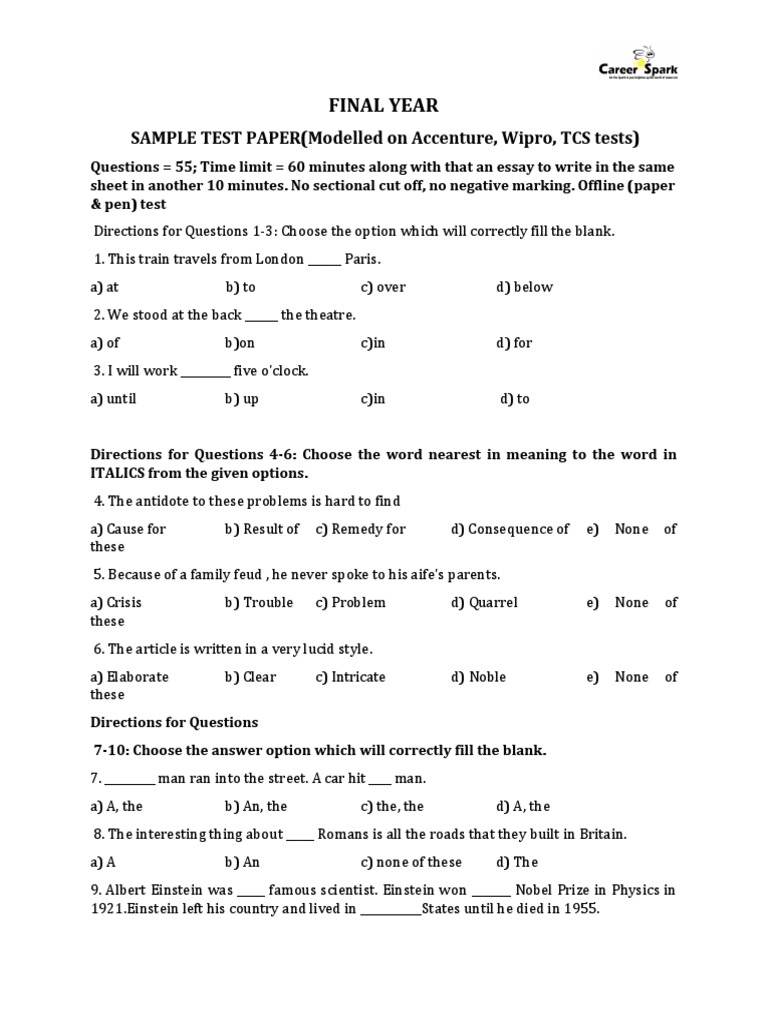 SAMPLE TEST PAPER (Modelled On Accenture, Wipro, TCS Tests) : Final ...