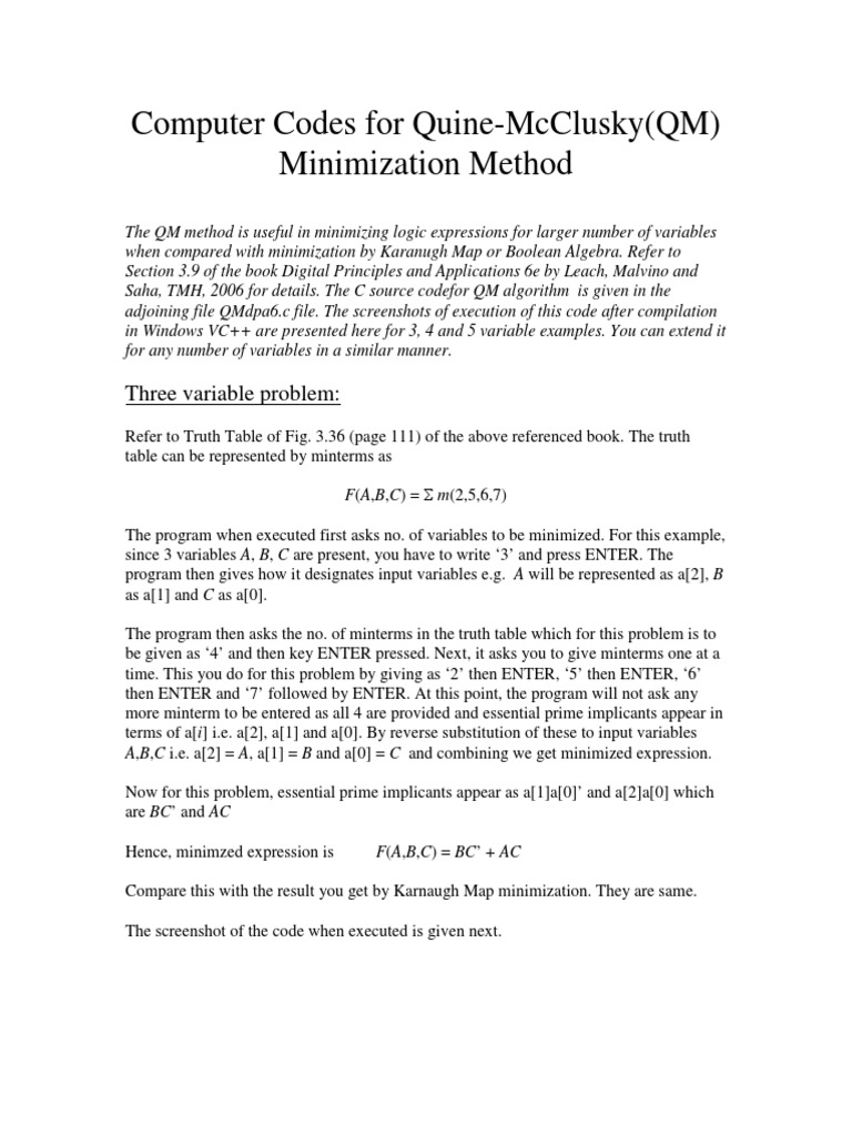 Computer Codes For Quine-Mcclusky (QM) Minimization Method: Three Variable Problem | PDF ...