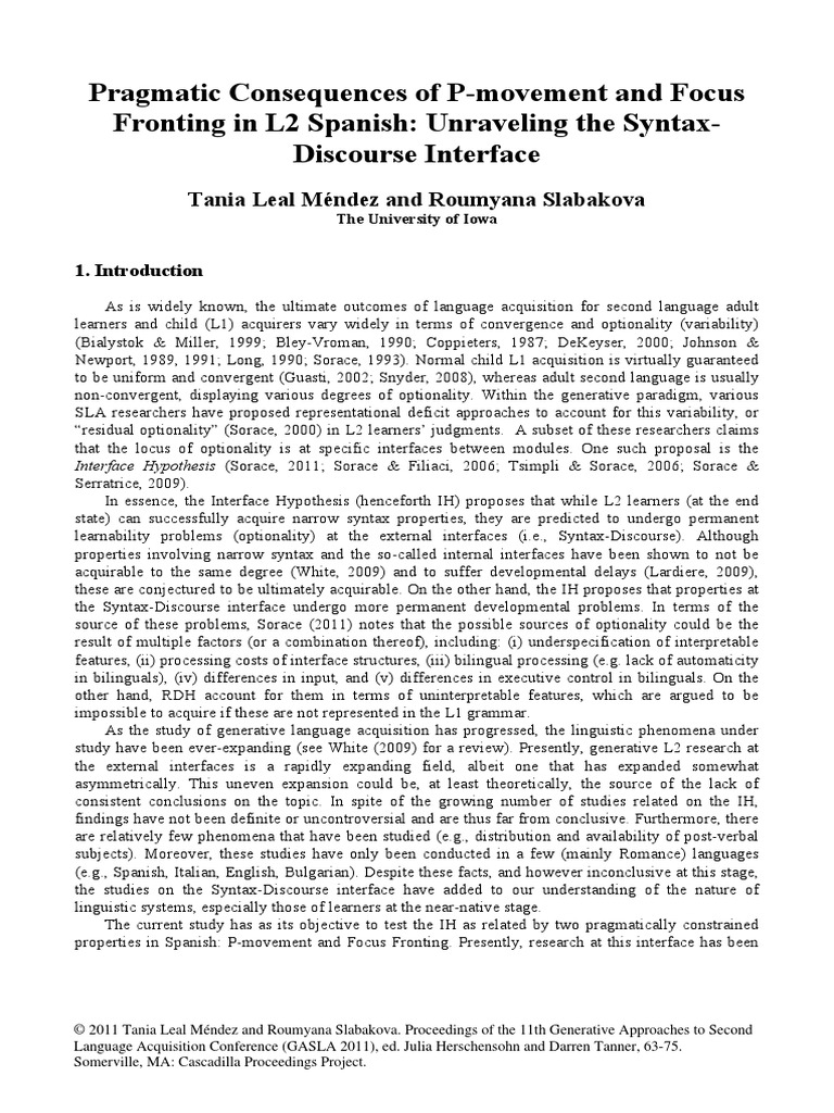 Pragmatic Consequences of P-Movement and Focus Fronting in L2 Spanish: Unraveling The Syntax ...