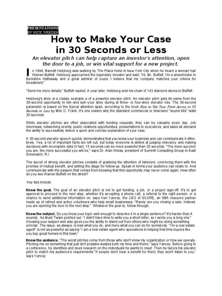 How To Make Your Case in 30 Seconds or Less | PDF | Elevator | Business