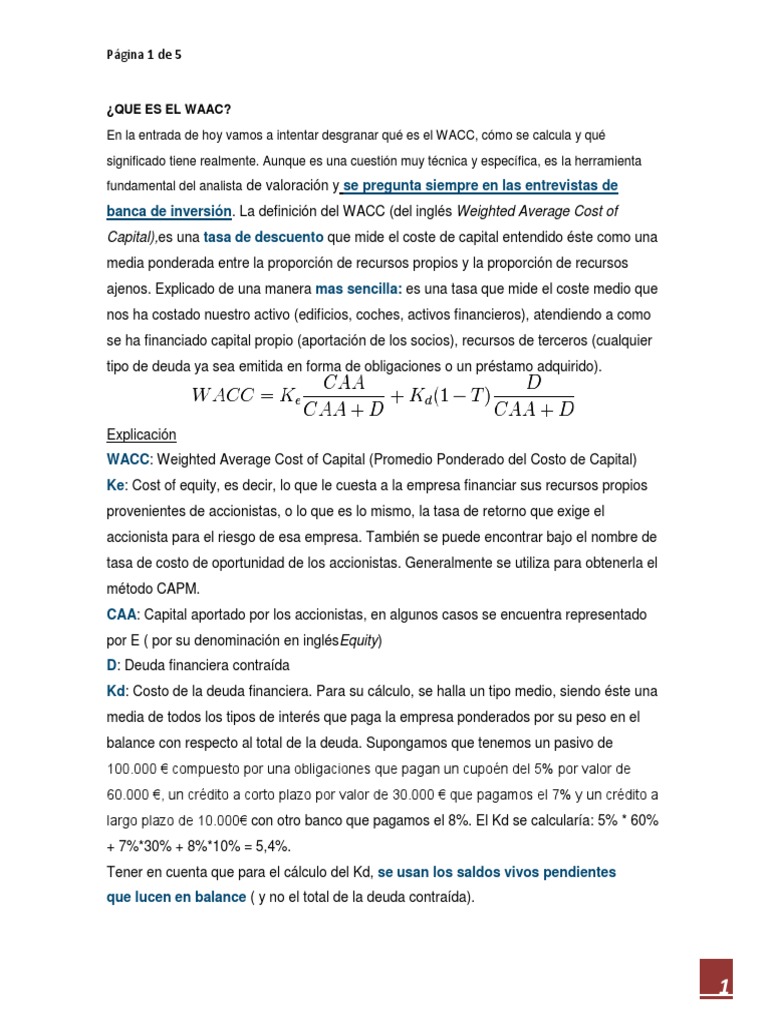 Definición y Cálculo del WACC | PDF | Compartir (Finanzas) | Deuda