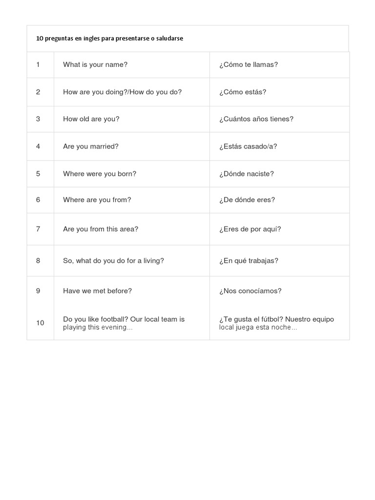 10 Preguntas en Ingles para Presentarse o Saludarse | PDF