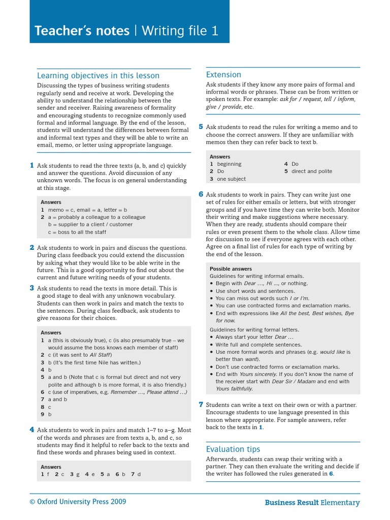 Intro To Emails, Letters, Memos Teacher's Notes + Answers ...