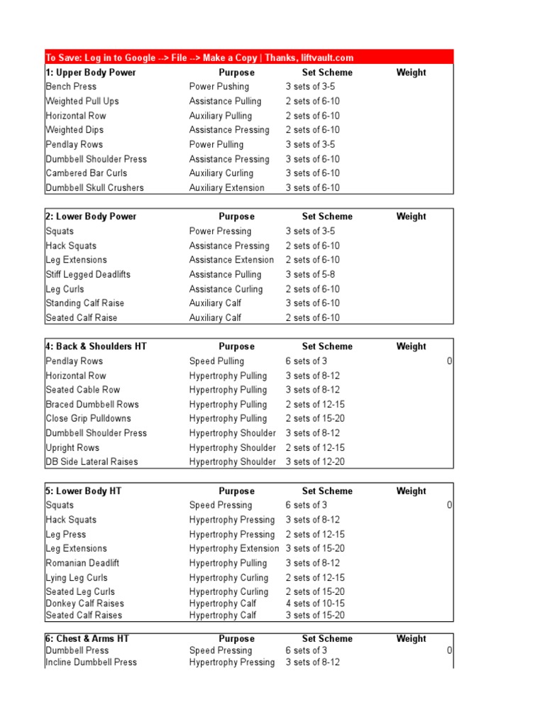 Phat Workout Log Template PDF Athletic Sports Weight Training