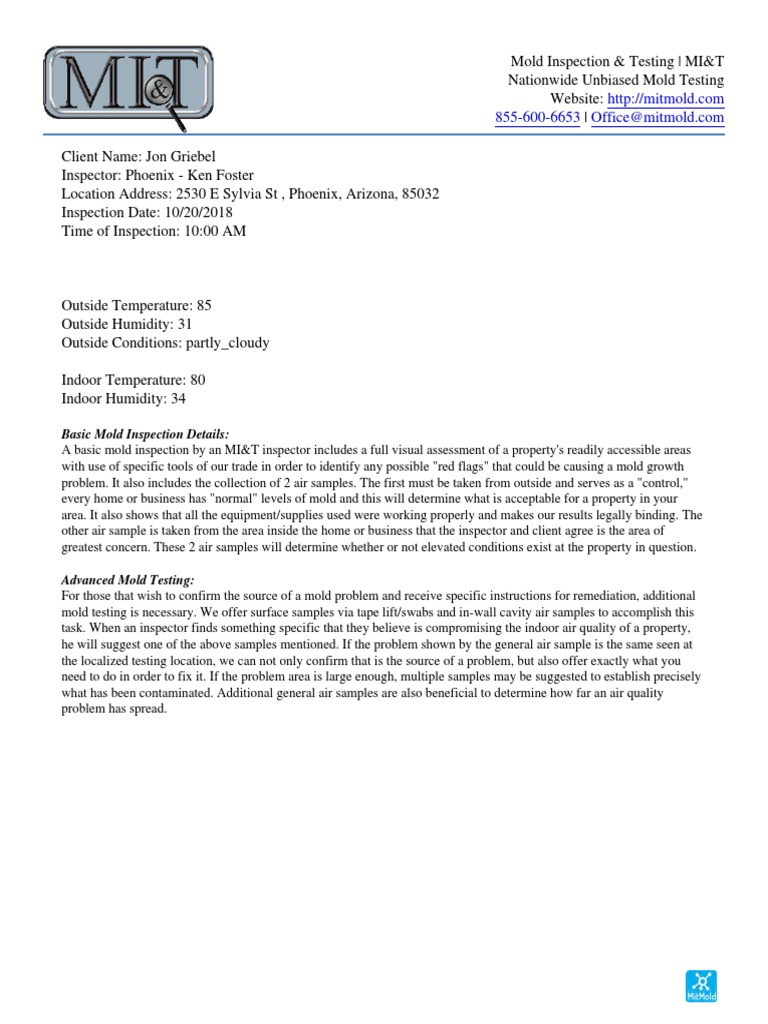 Mold Inspection Report - 1 of 3 (2530 E. Sylvia ST., Phoenix, AZ 85032 ...