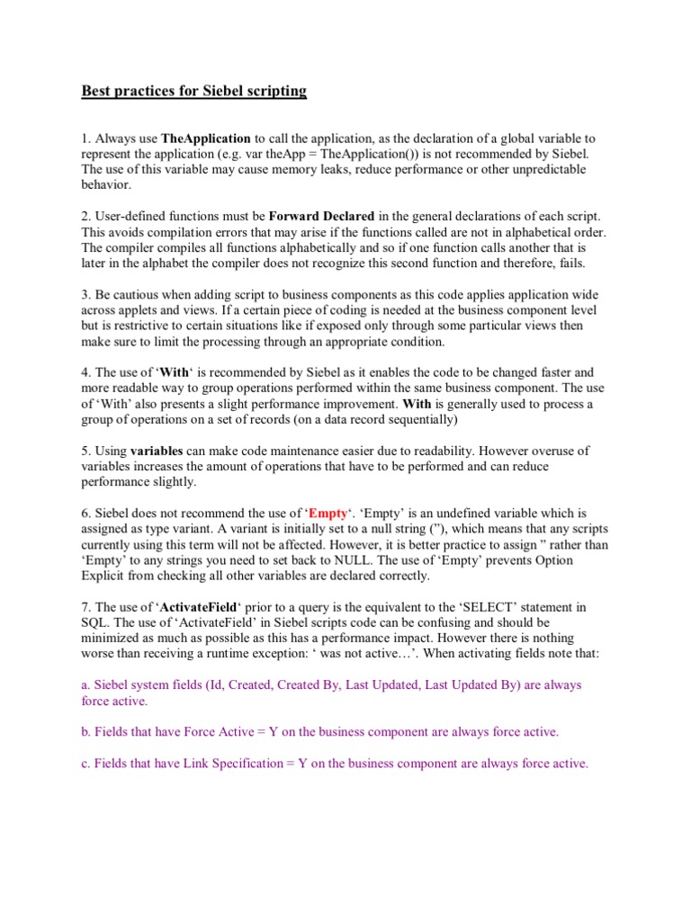 Best Practices For Siebel Scipting | PDF | Variable (Computer Science) | Scripting Language