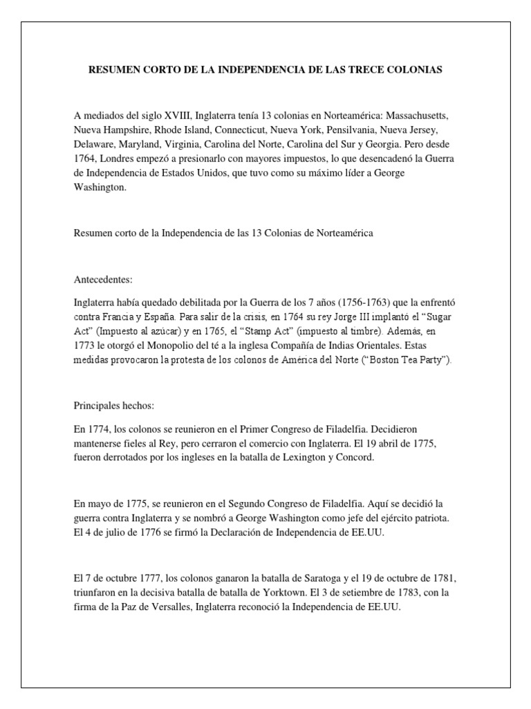 Resumen Corto de La Independencia de Las Trece Colonias | PDF | Trece colonias | Declaración de ...