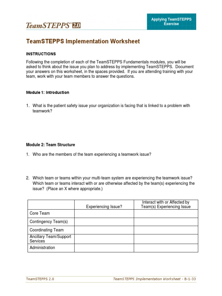 Teamstepps Implementation Worksheet: Instructions | PDF | Change ...