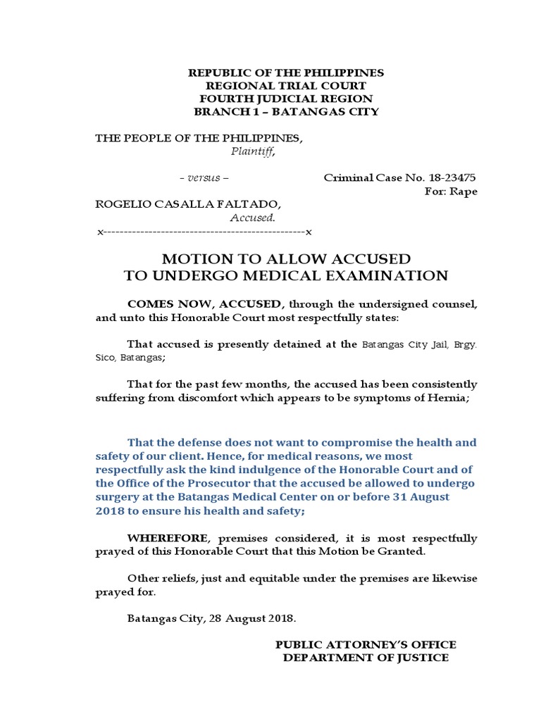 Motion to Undergo Medical Examination Faltado | Prosecutor | Lawyer