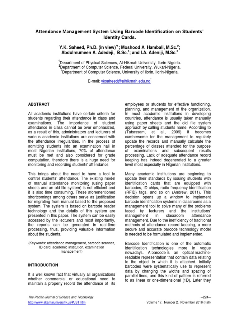 Attendance Management System Using Barco PDF | Download Free PDF ...