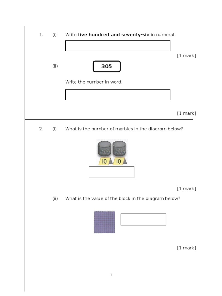(I) Write Five Hundred and Seventy-Six in Numeral | PDF | Decimal ...