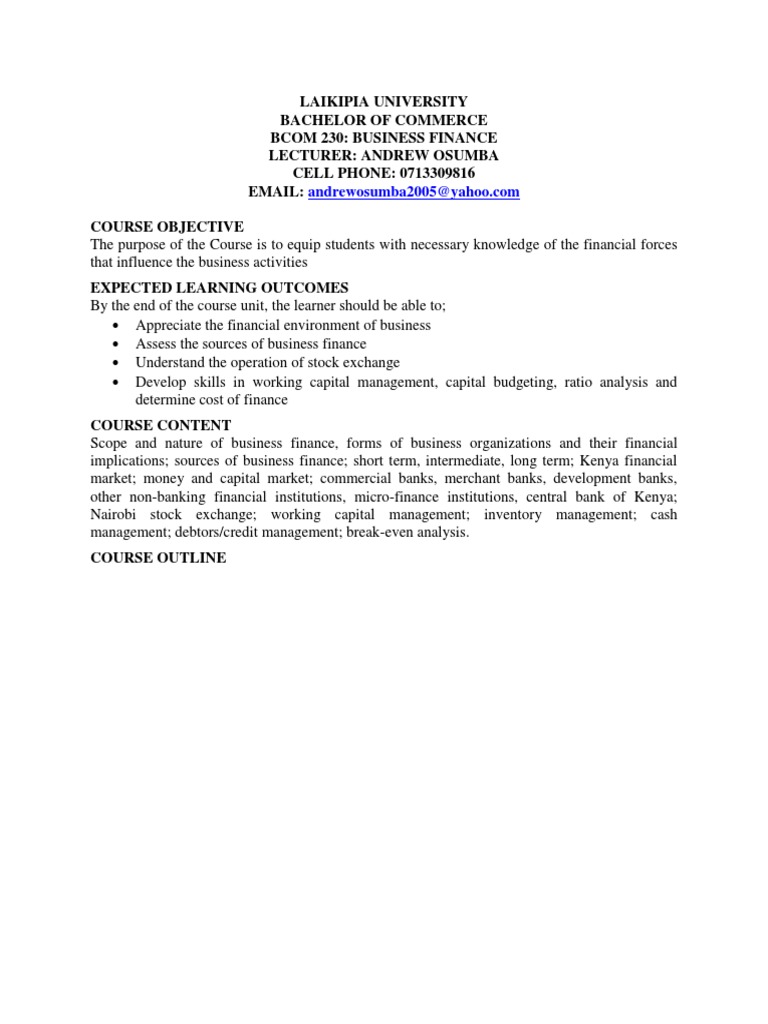 Business Finance Course Outline & Notes | PDF | Partnership | Mergers ...