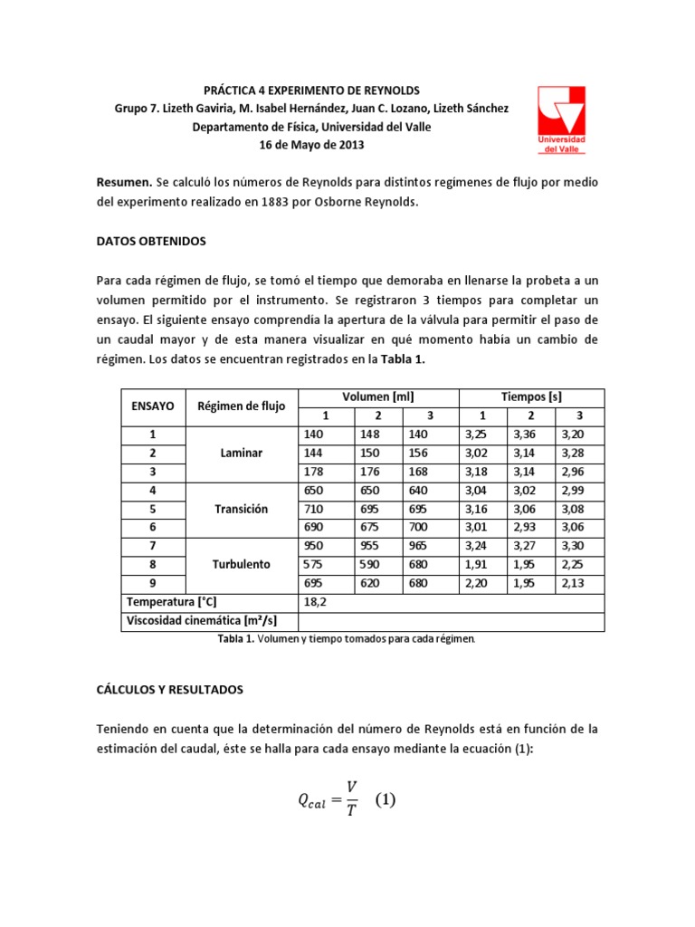 Practica 4 Experimento de Reynolds | PDF | Numero Reynolds | Flujo laminar