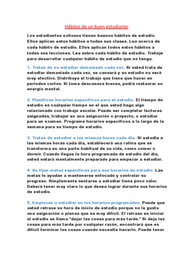 Hábitos de Un Buen Estudiante | PDF | Habilidades de estudio | Prueba ...