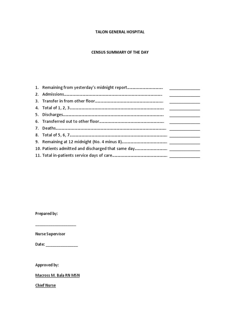 Talon General Hospital Census Summary: Tracking Patient Admissions ...