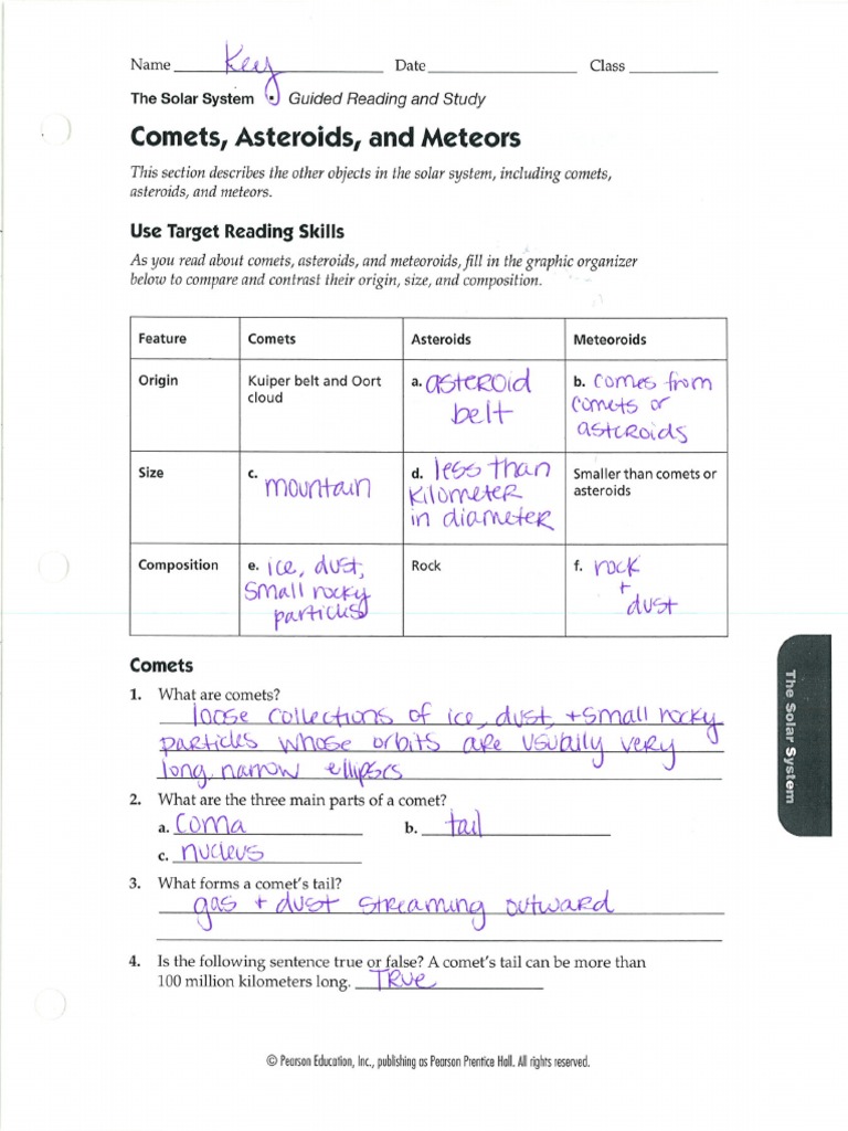 Comets Meteors Guided Reading KEY | PDF