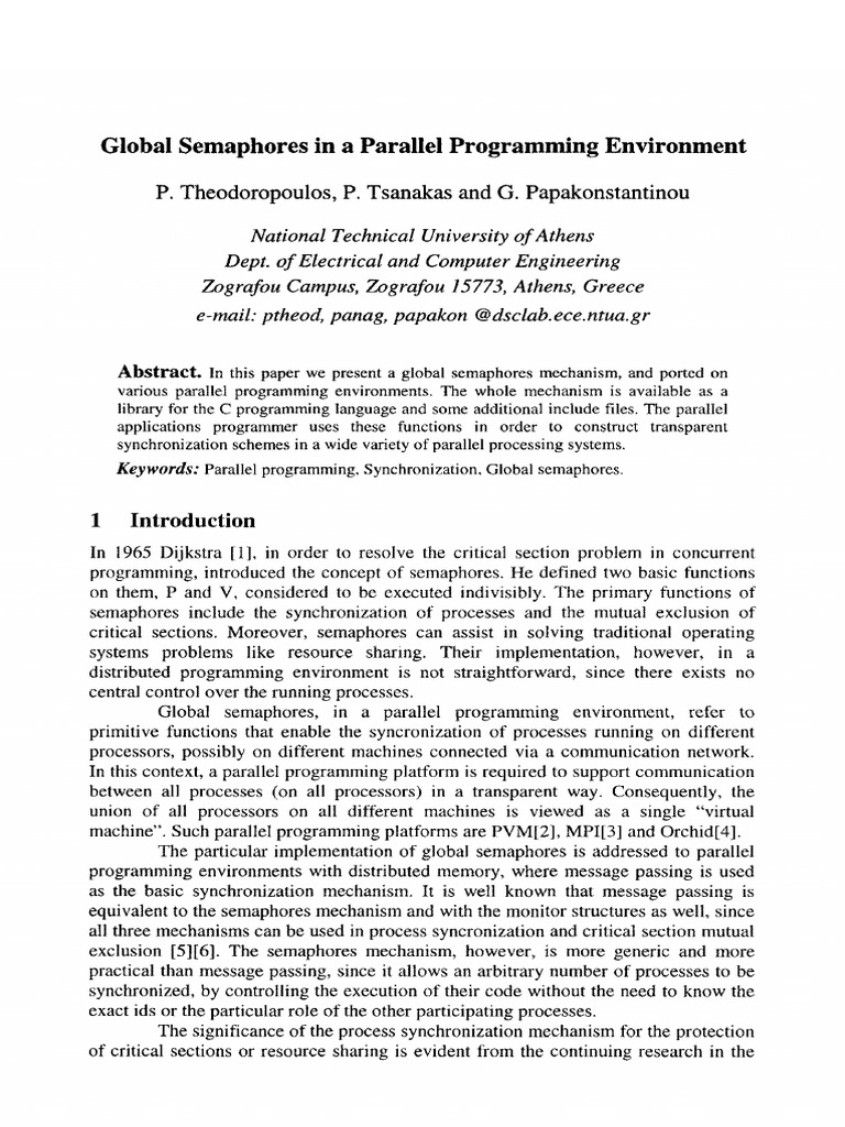Global Semaphores In A Parallel Programming Environment P Theodoropoulos P° Tsanakas And G