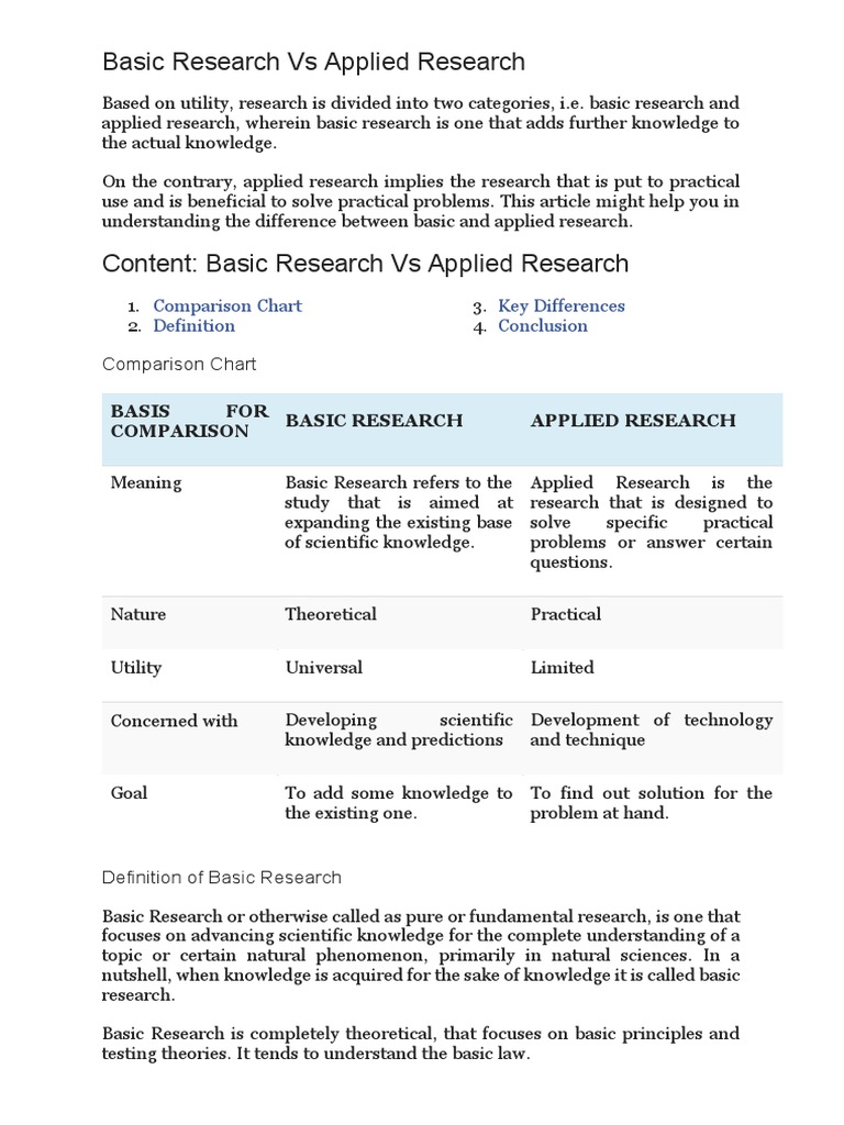 Basic Research Vs Applied Research | PDF | Basic Research | Scientific Method