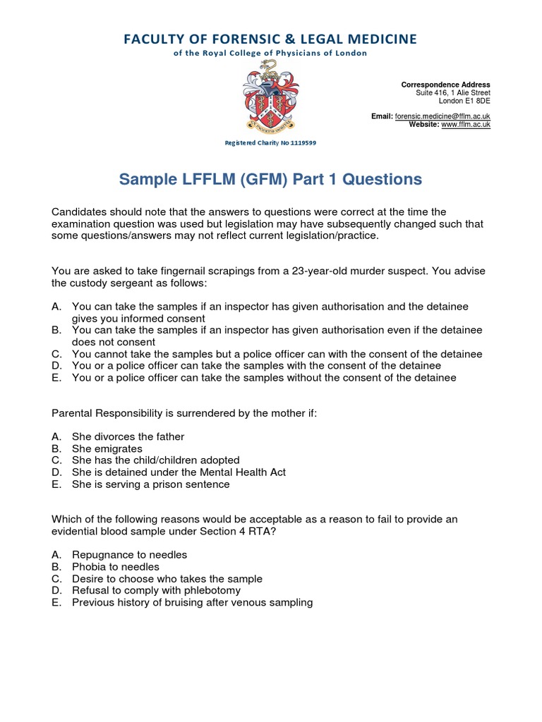 LFFLM GFM Extra Sample Questions | PDF | Informed Consent | Legal Guardian