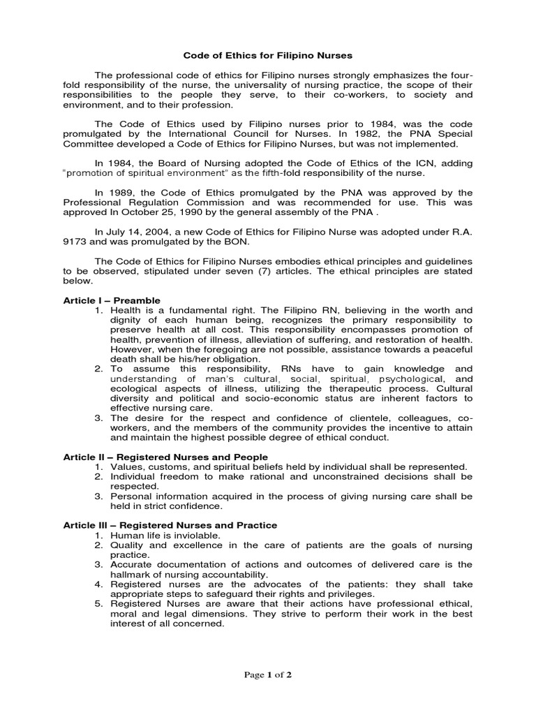 Code of Ethics For Filipino Nurses | PDF | Nursing | Health Care