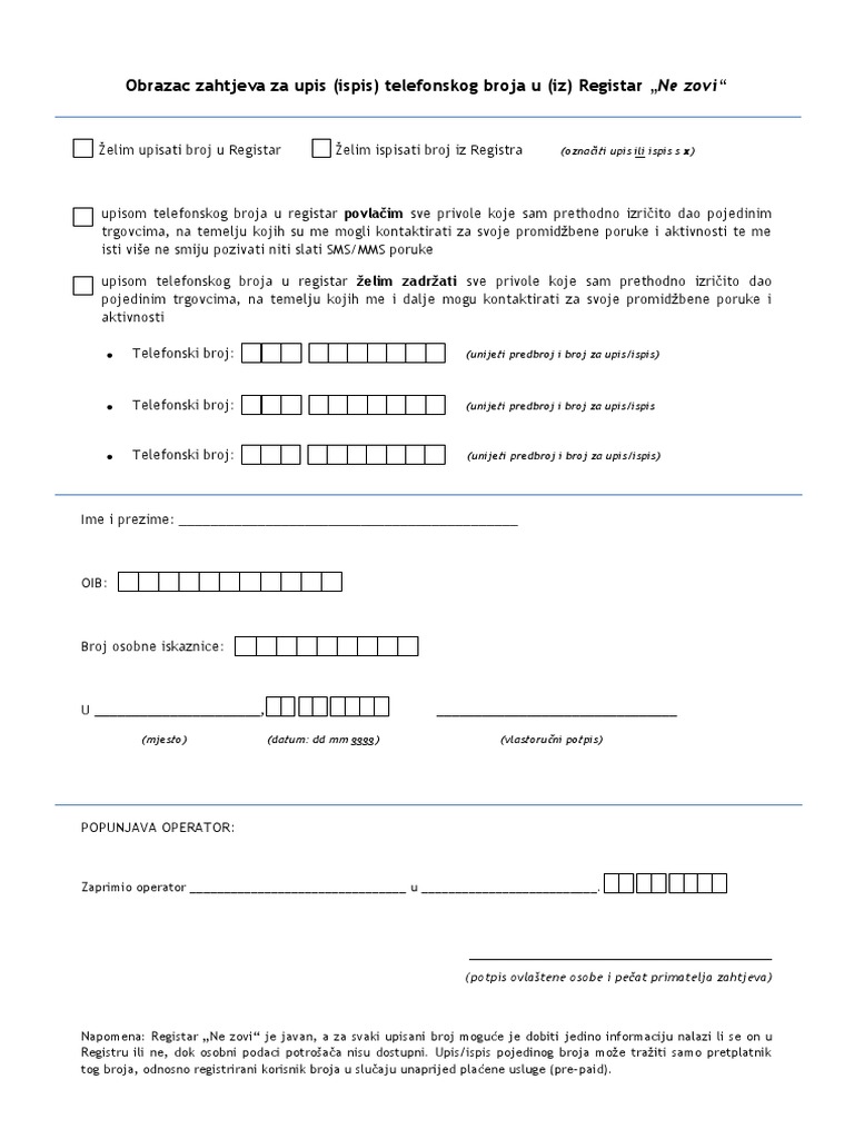 Obrazac Za Upis U Registar Ne Zovi | PDF