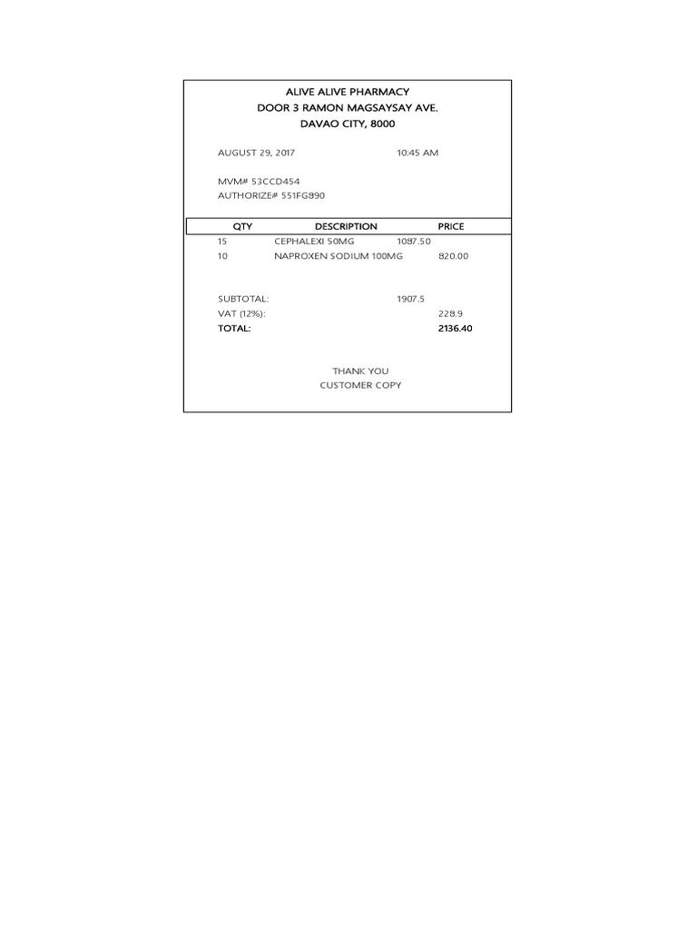 Receipt for pharmaceutical purchases from Alive Alive Pharmacy in Davao ...