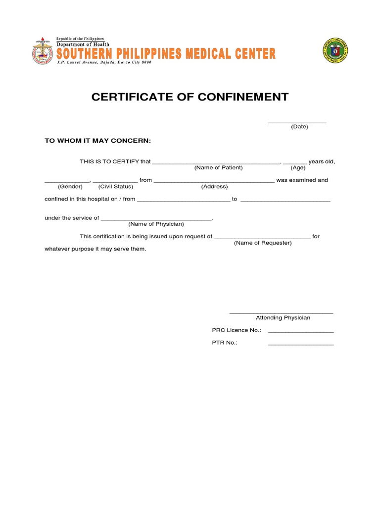 Certificate of Confinement Template | PDF | Health Care | Medicine