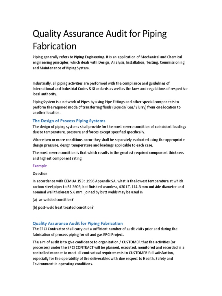 Piping Fabrication Quality Assurance Audit | PDF | Quality Assurance ...