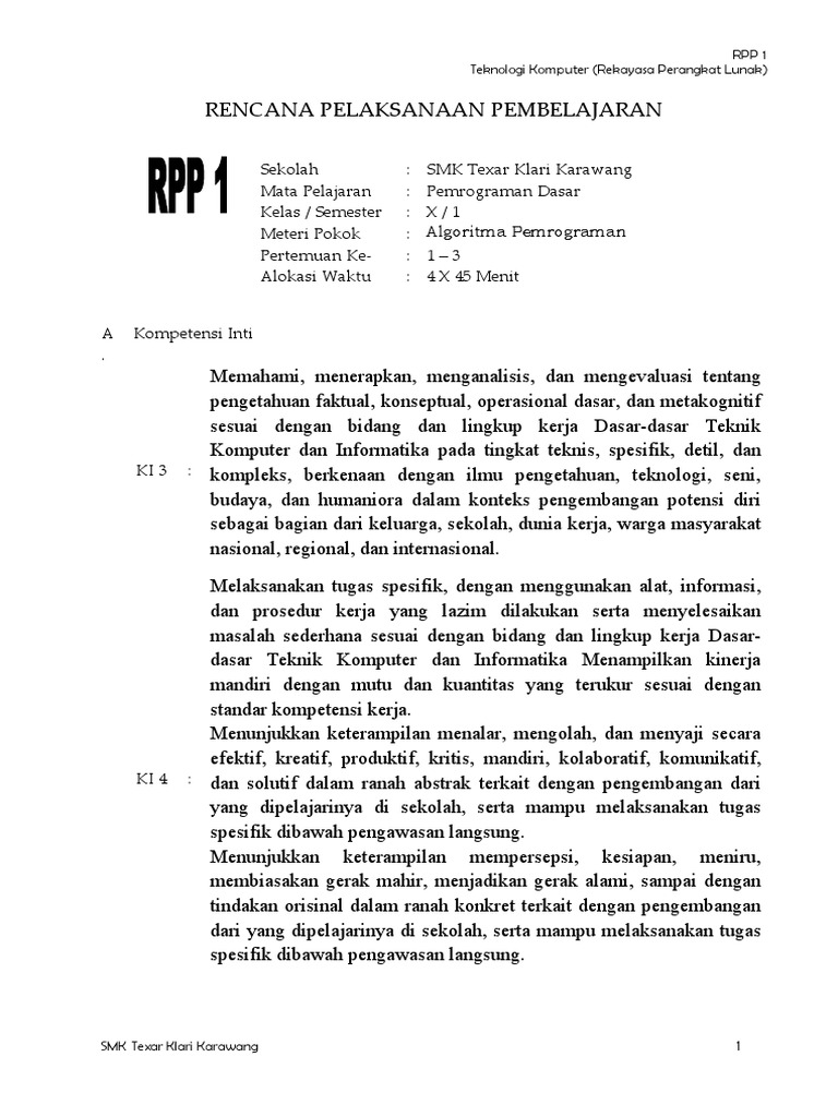 RPP K13 Revisi - Pemrograman Dasar PDF | PDF