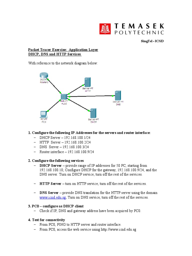 Packet Tracer Exercise Application Layer Dhcp Dns And Services Pdf