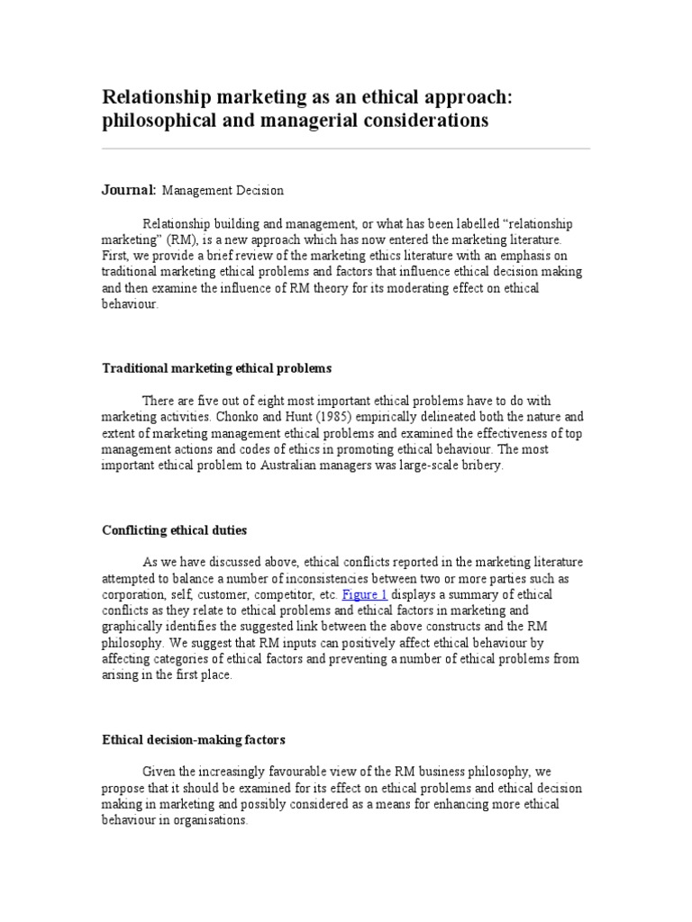 Relationship Marketing As An Ethical Approach: Philosophical and ...