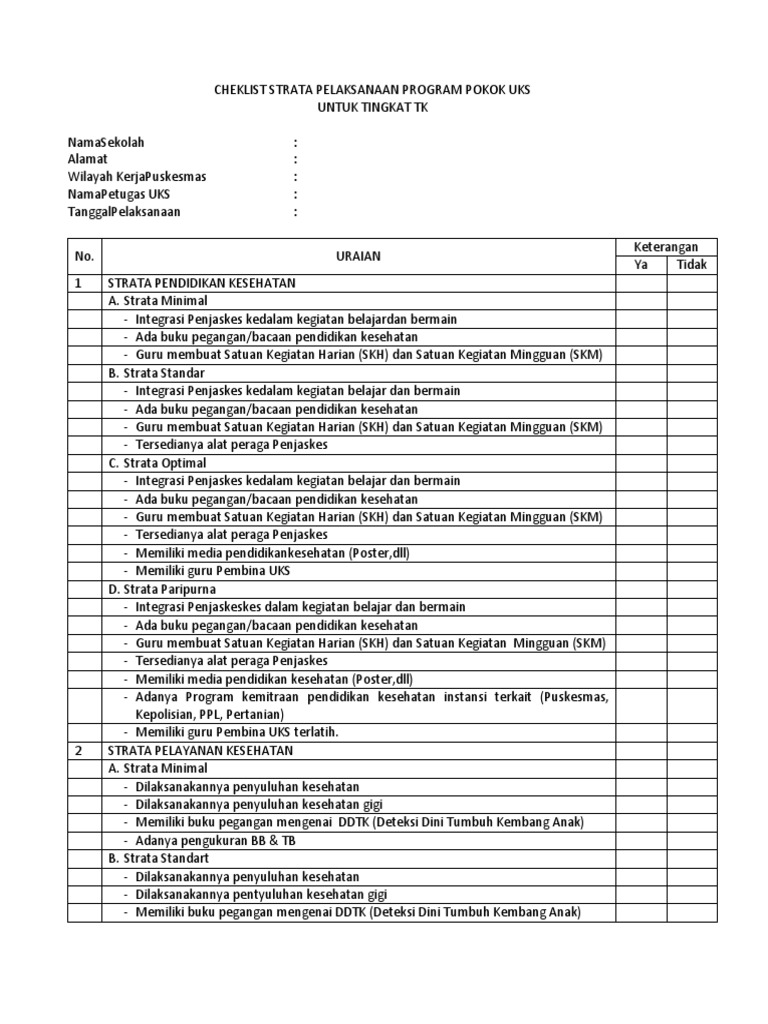 Ceklist Strata UKS | PDF