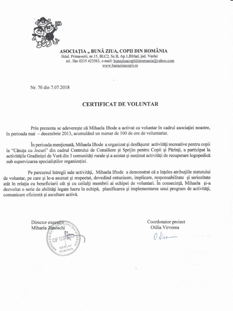 Certificat de Voluntar Mihaela Iftode