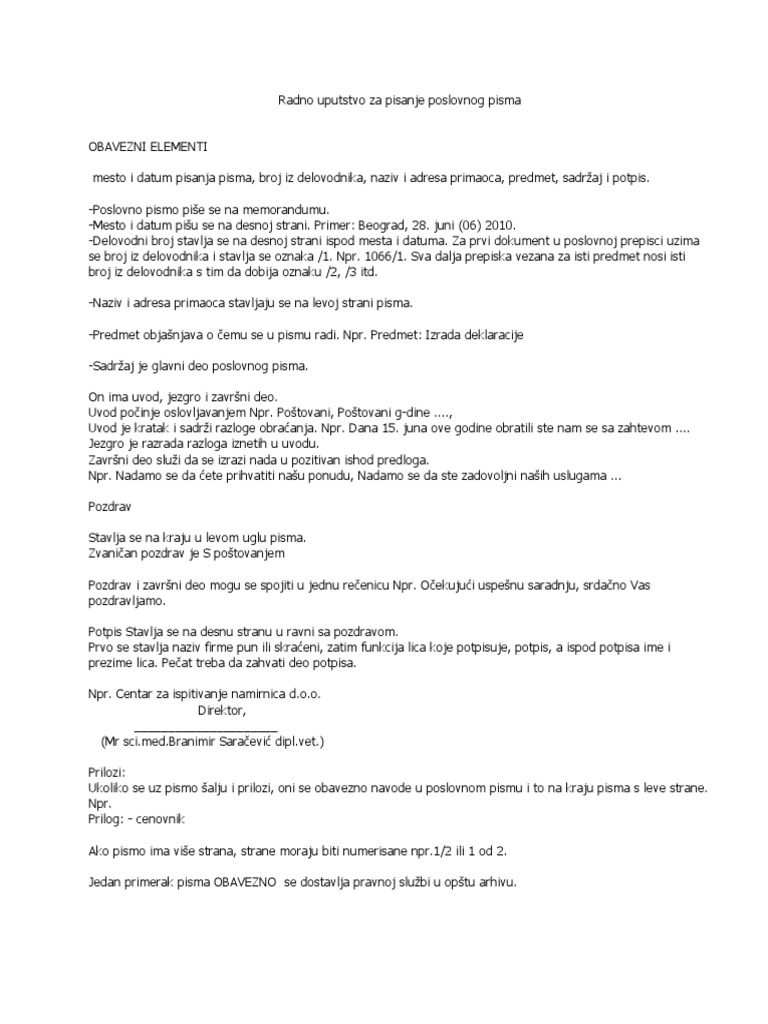 Radno Uputstvo Za Pisanje Poslovnog Pisma | PDF