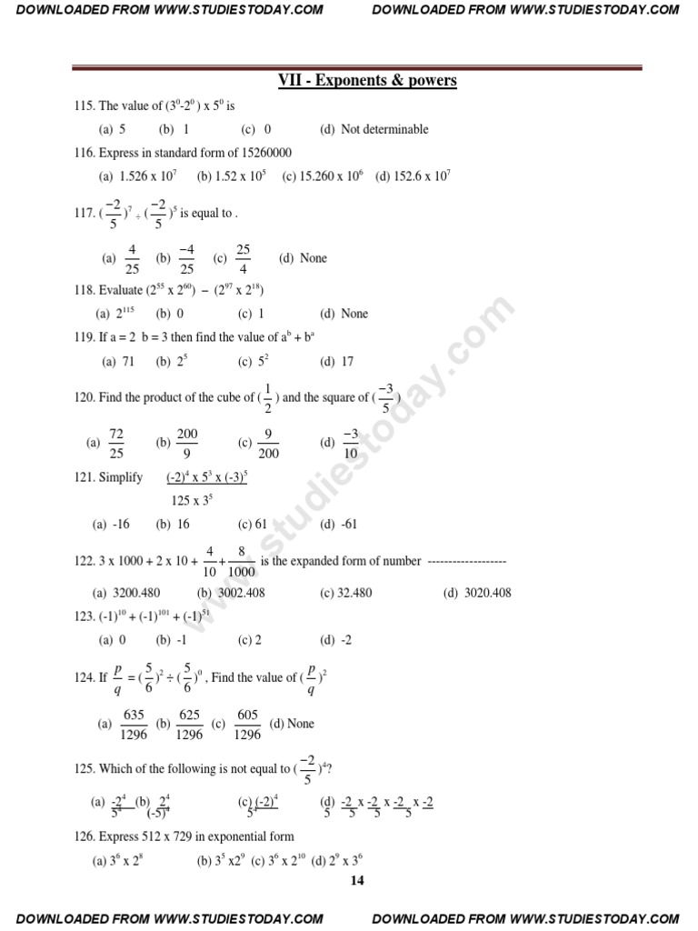 CBSE Class 7 Mathematics MCQs Exponents & Powers | Exponentiation ...