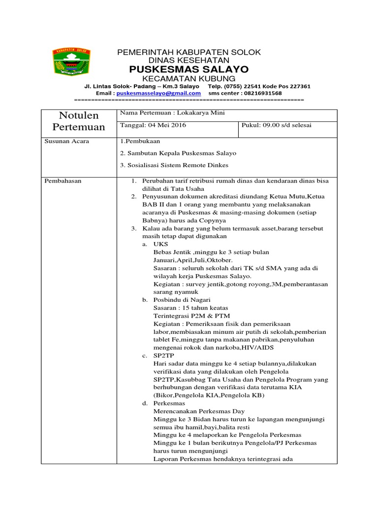 Lokakarya Mini Puskesmas Salayo 2016 | PDF