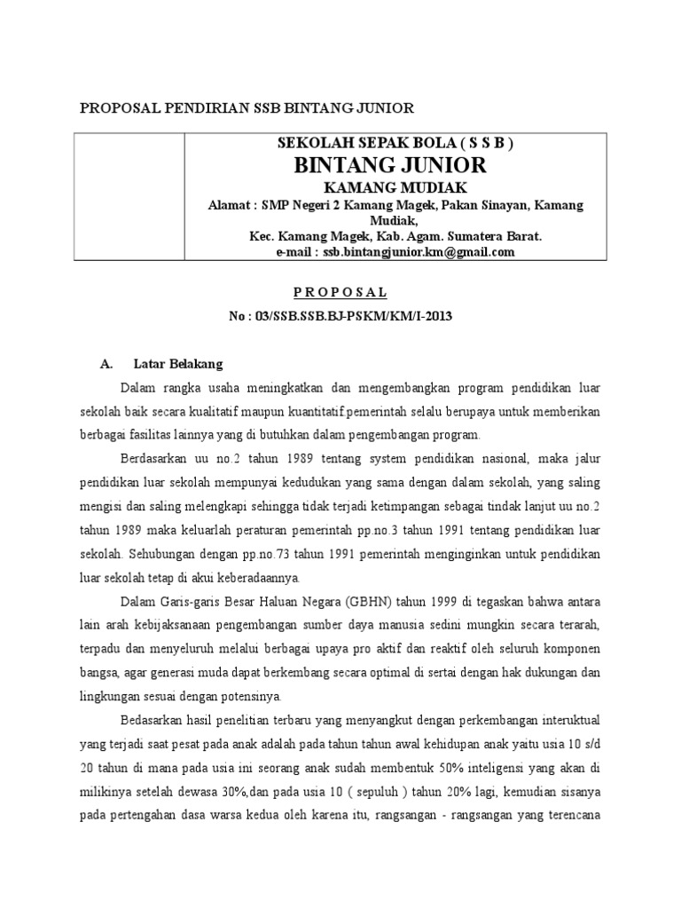Proposal Pendirian SSB Bintang Junior | PDF
