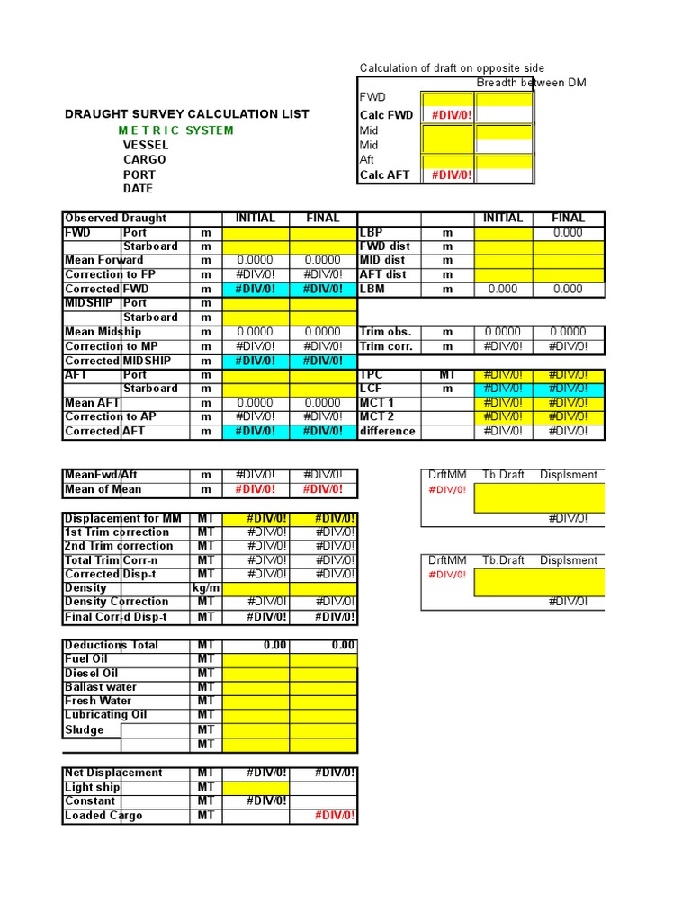 Draught Survey Calculation List: Metric System | PDF | Ships | Watercraft